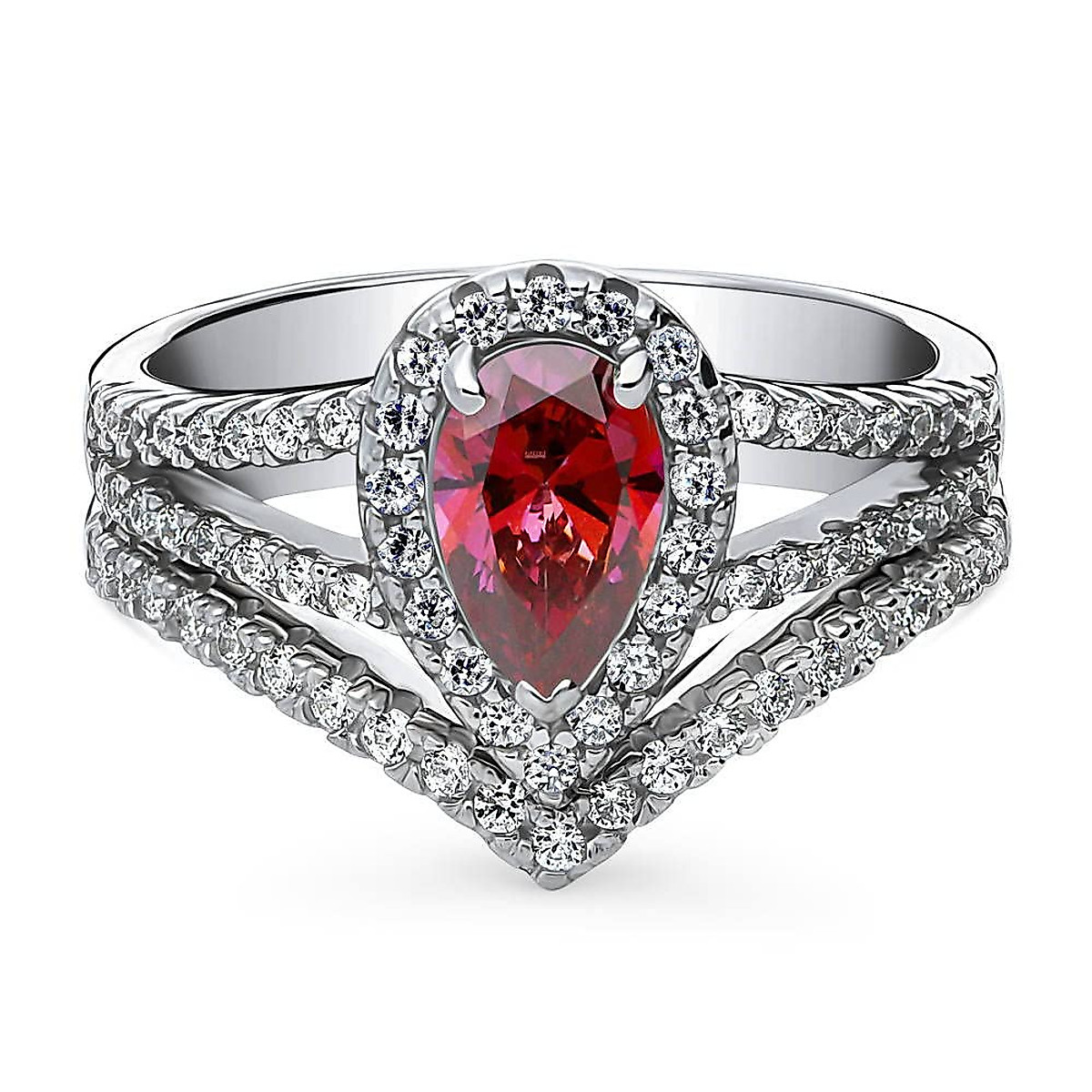 BERRICLE Sterling Silver Halo Wedding Engagement Rings Red Pear Cut Cubic Zirconia CZ Split Shank Ring Set for Women, Rhodium Plated Size 4