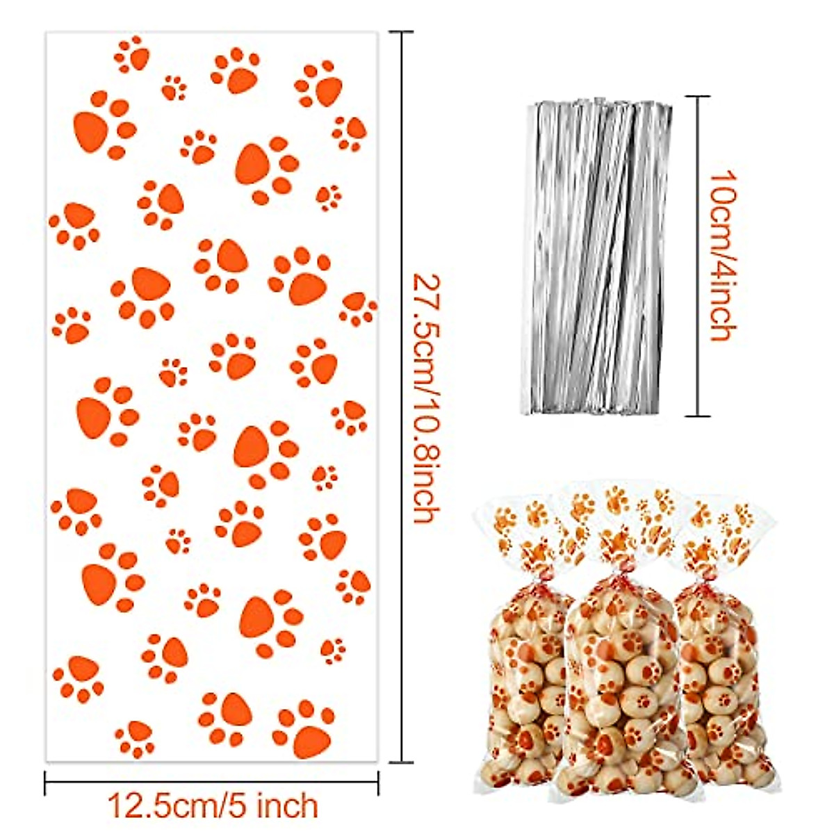 Blulu 200 Pieces Pet Paw Print Cone Cellophane Bags Heat Sealable Candy Bags Dog Paw Gift Bags Cat Treat Bags with 200 Pieces Silver Twist Ties for Pet Treat Party Favor (Orange)