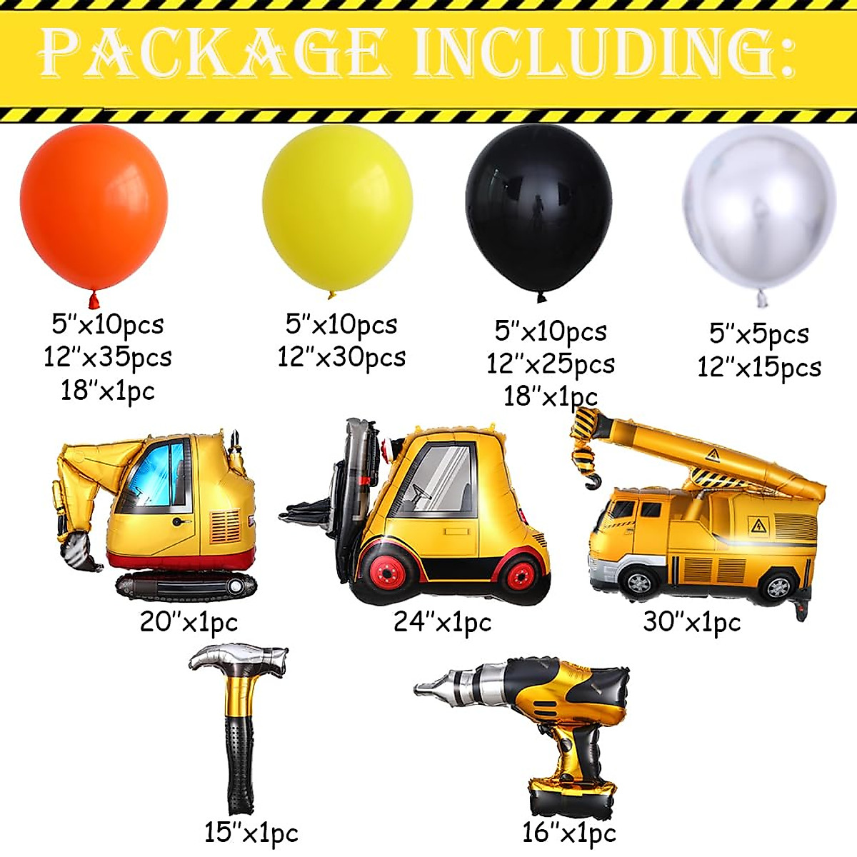 Construction Birthday Party Supplies 147pcs Construction Balloon Arch Garland Kit, Orange Black Excavator Dump Truck Hammer Drill Foil Mylar Balloon for Construction Theme Birthday Party Decorations