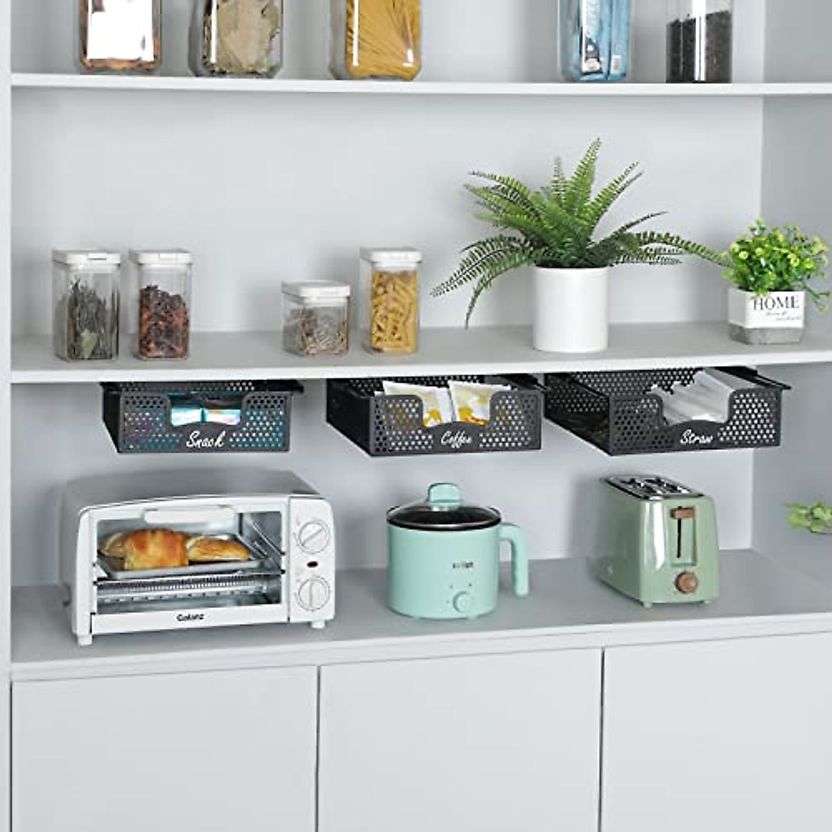 3 Pack Hanging Pullout Drawer Basket, Sliding Under Shelf Storage Organizer with nameplates, Under Shelf Baskets Under Cabinet Organizer Under Desk Drawer for Kitchen Pantry Cabinet, Attaches to Shelf
