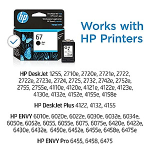 HP 67 Black Ink Cartridge | Works with HP DeskJet 1255, 2700, 4100 Series, HP ENVY 6000, 6400 Series | Eligible for Instant Ink | 3YM56AN