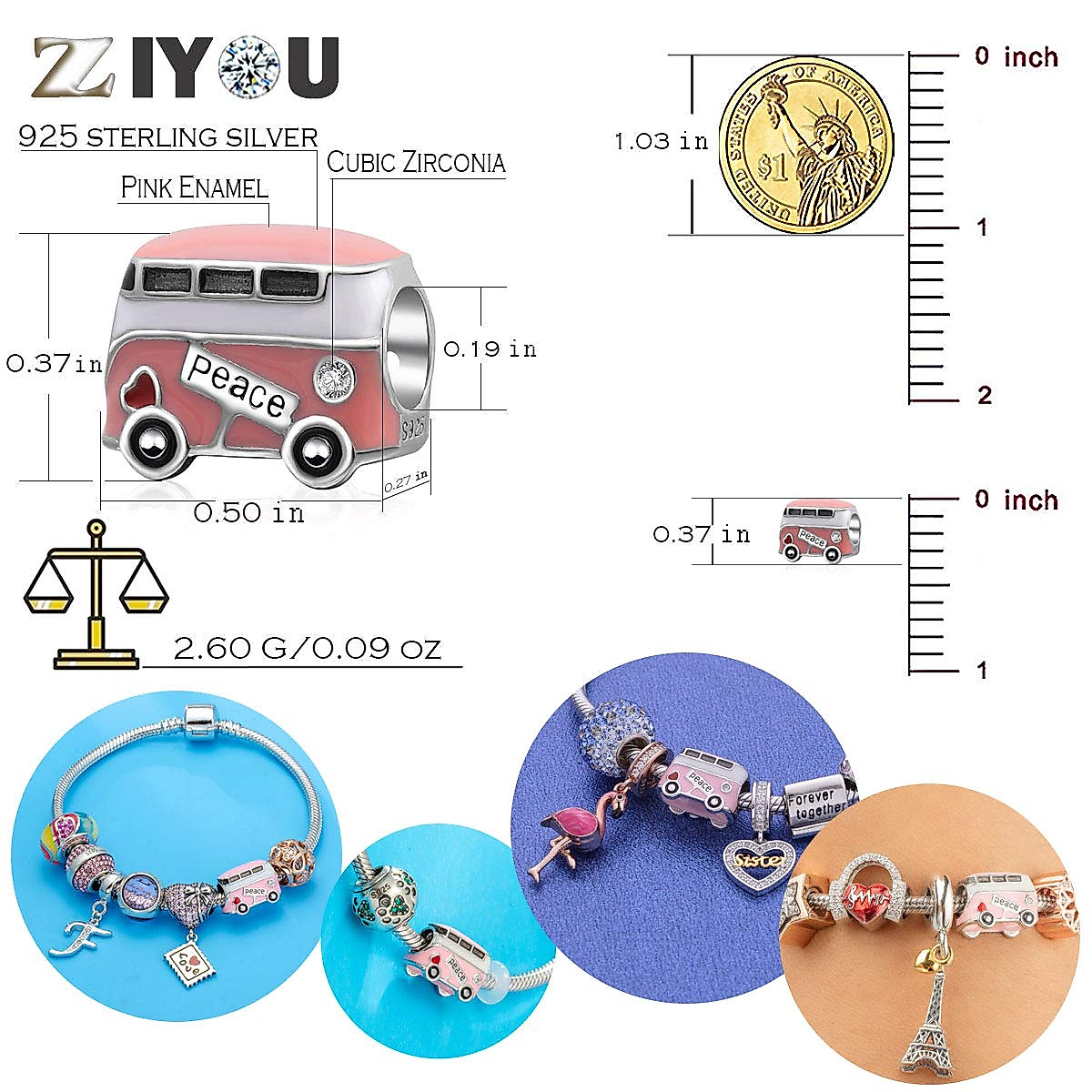 Pink Peace Bus Charms, 925 Sterling Silver with Enamel, Mini Beads fits Pandora Women Bracelets, Gifts for Travel/Mothers Day/Christmas