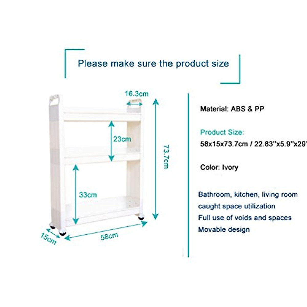 BAOYOUNI Slim Rolling Cart Between Washer Dryer Cabinet Storage Shelf Rack Narrow Slide Out Tower Organizer Space Saving Shelving Units with Wheels (3-Tier)
