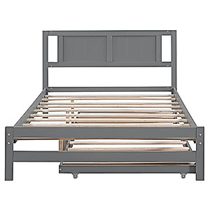 Goohome Full Size Platform Bed with Adjustable Trundle, Wooden Full Bed Frame with Headboard, Sturdy Slat Support, No Box Spring Needed