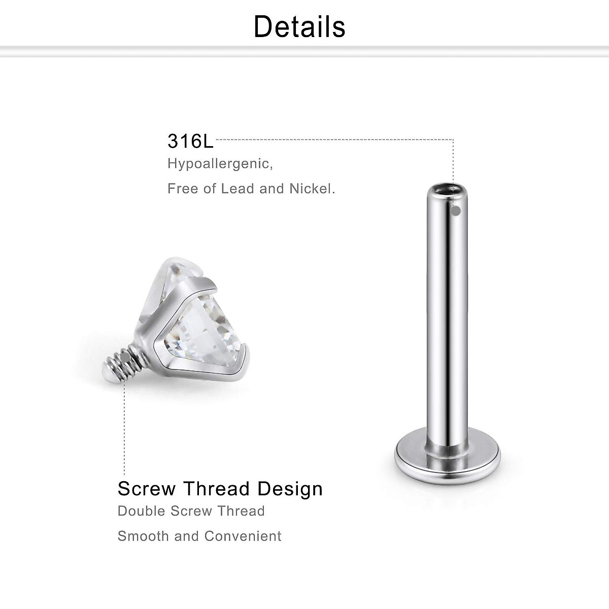 Dyknasz 316L Stainless Steel 16G 2mm Clear CZ Gem Nose Piercing Labret Monroe Lip Monroe Helix Rings Cartilage Ear Ring Studs Piercings 6mm Bar Length for Women Men Silvertone