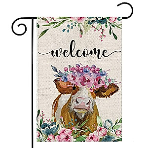 Spring Welcome Cow with Flowers Garden Flag for Outdoor Small Yard Flag for Outside Seasonal Decor for Summer Farmhouse Holiday 12x18 Inch Double Sided