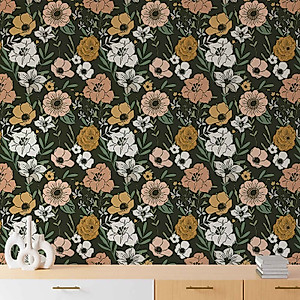 Abyssaly Vintage Large Floral Peel and Stick Wallpaper Boho, Retro Removable Flower Contact Paper for Bathroom, Dark/Sand/Green Vinyl Self Adhesive Wall Paper 17.7inchesx118inches