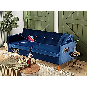 TYBOATLE 65" Modern Velvet Sofa Couch w/ 2 USB, Clear Glass Button Tufted Upholstered Love Seats for Living Room, Apartment, Bedroom (Blue)