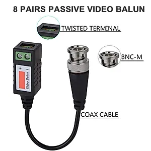 TJMD Video Balun Connectors 8 Pairs Cat5 HD Mini CCTV BNC Passive Video Balun Transceiver Cable for BNC Male Cable via CAT5/5E/6 Twisted Pair Transmitter CCTV Security Camera System