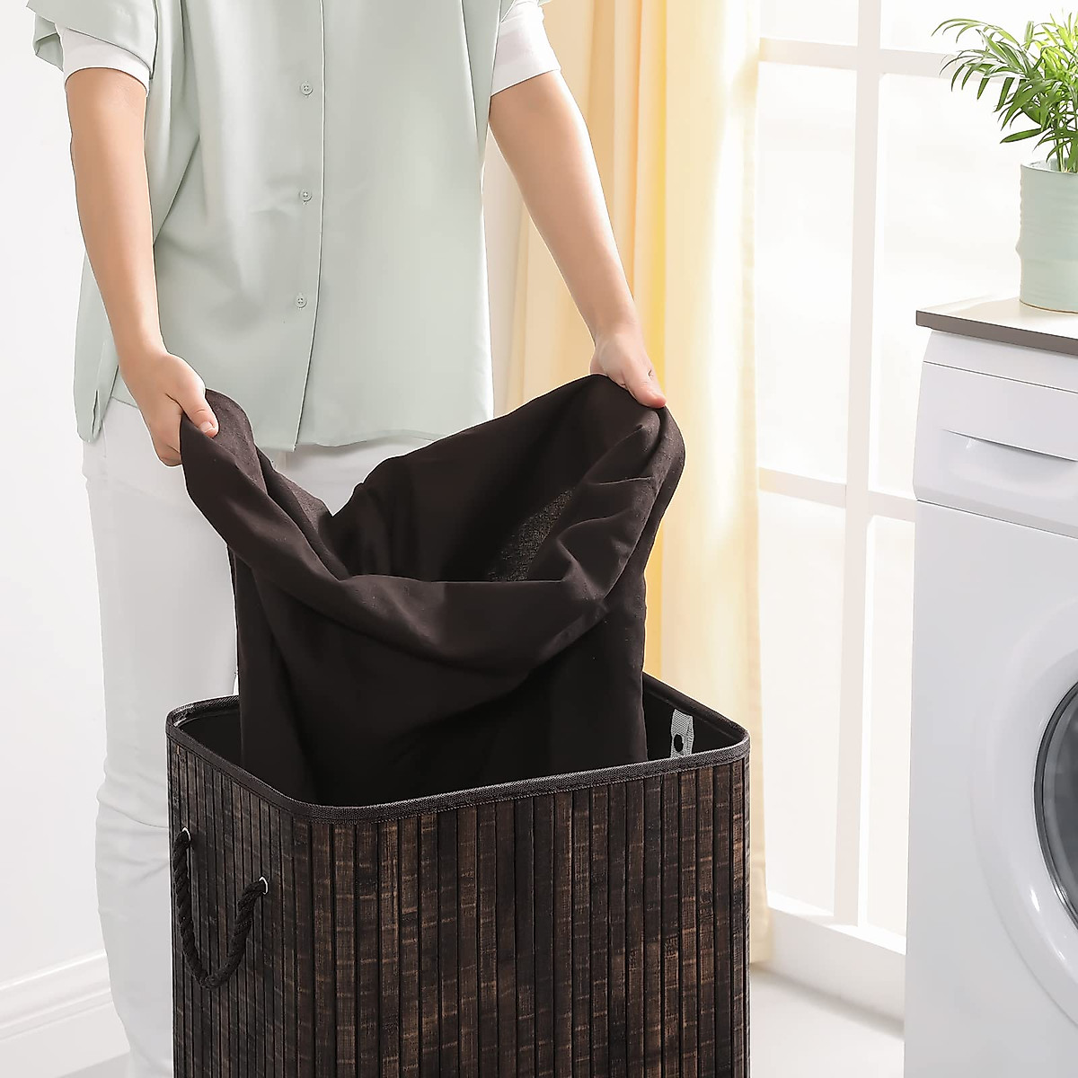 SONGMICS Laundry Hamper with Lid, Bamboo Laundry Basket with Liner Bag, Foldable Storage Hamper with Handles in Bedroom Closet Laundry, 72L, Rustic Brown ULCB10WN