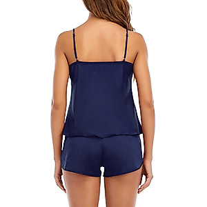 Zando Womens Cami Summer Pajamas Set Shorts Sexy Lingeri Satin Sleepwear Plus Size Lingerie Set Two Piece Sleepwear Satin Shorts Lingerie Set Womens Nightwears Silk PJS Navy Blue Small