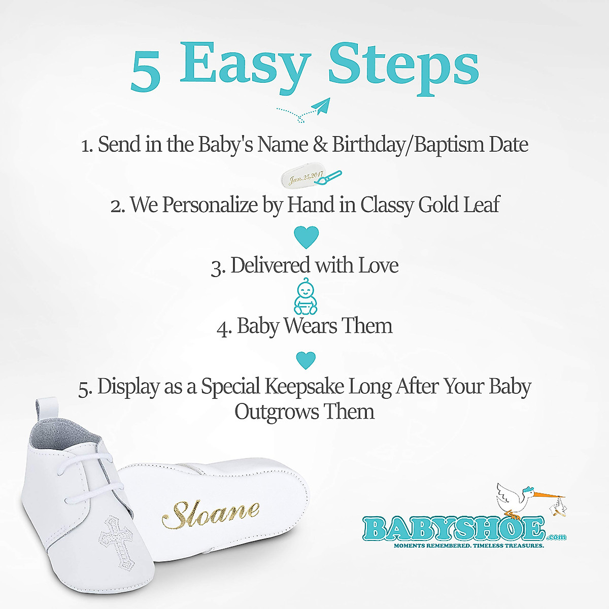 BabyShoe Personalized Christening - Baptism Leather Shoes for Baby Boys & Girls with Hand Embossed Name & Date – Newborn Shoes for Special Occasions – Great Gift Idea – White