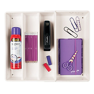 mDesign Adjustable, Expandable 4 Compartment Kitchen Cabinet Drawer Organizer - Divided Sections for Cutlery, Serving Spoons, Cooking Utensils, Gadgets - BPA Free, Food Safe - 2 Pack - Cream/Beige