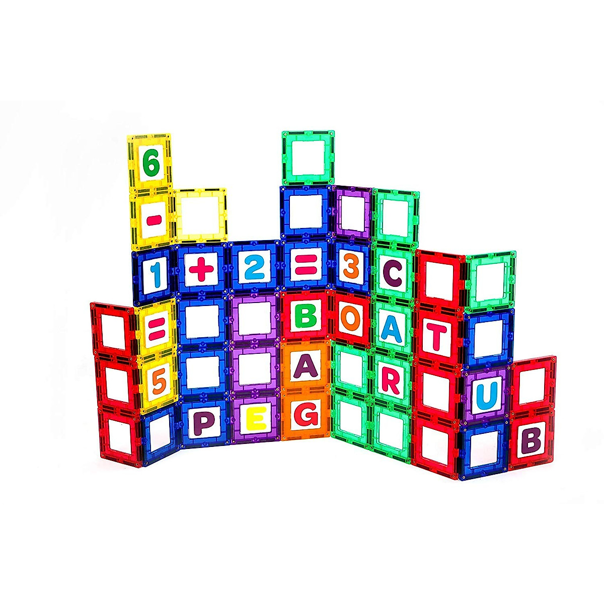 Playmags Magnetic Tile Building Set: Exclusive Educational Clickins – 80-Pc. Kit: 40 Super Strong Clear Color Magnet Tiles Windows & 40 Letters & Numbers – Stimulate Creativity & Brain Development