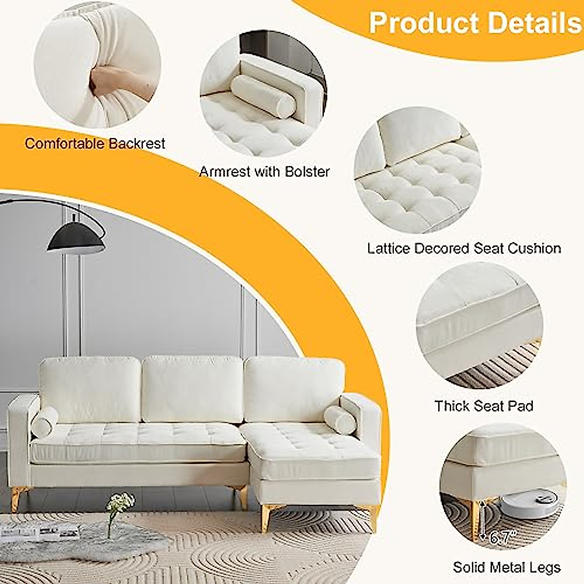 Imbesty 85" W Sectional Convertible Sofa Couch, Chenille Upholstered L-Shaped Couch 3-Seat Sofa with Reversible Chaise for Small Living Room, Apartment and Small Space (Chenille White)