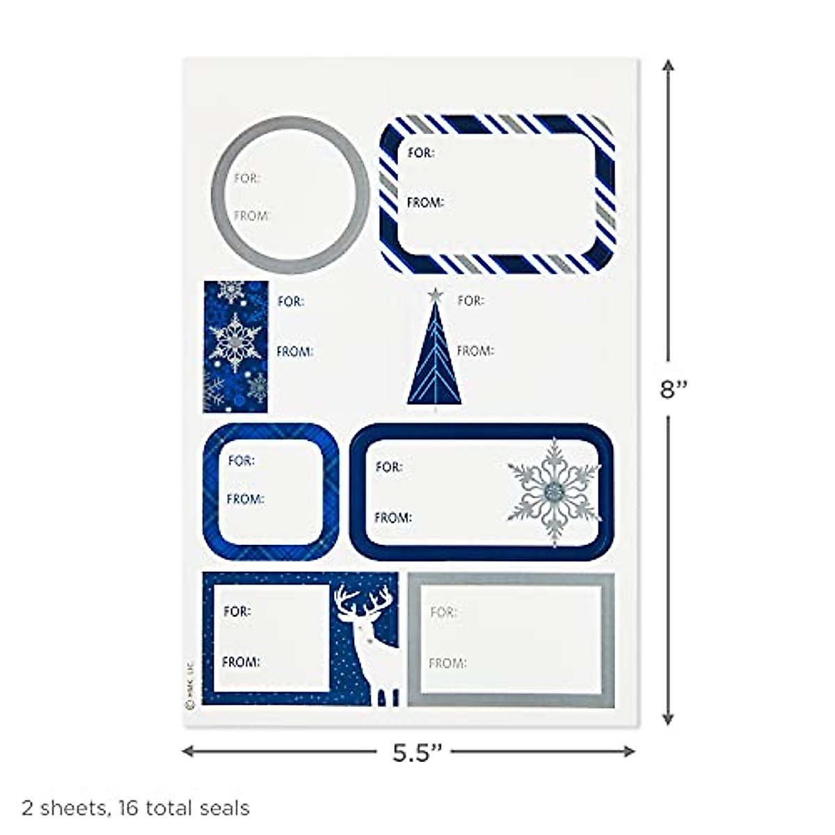 Hallmark Flat Christmas Wrapping Paper Sheets with Cutlines on Reverse and Gift Tag Seals (12 Folded Sheets, 16 Stickers) Blue and Silver Snowflakes, Deer Forest Scene, Blue Tartan Plaid