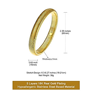 KeyStyle Gold Bangles for Women Thin Stretch Bracelets, High Polished Snake Link Flexible Bangle Bracelet (10mm wide)