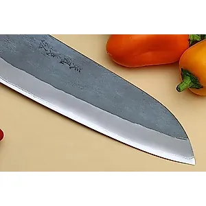 Yoshihiro Kurouchi Black-Forged Blue Steel Stainless Clad Santoku Multipurpose Knife Ebony Handle (6.5'' (165mm) & Saya)