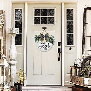 MayAvenue Home Sweet Home Wreaths Decor Sign Front Door, Round Wood Hanging Sign with Ribbon Bow and Artificial Green Leaves, Farmhouse Porch Decorations for Home Thanksgiving, White