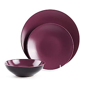 HomeVss Stoneware Two-Tone Colors Life 18pc Dinner Set，Outside Shiny Black + Inside Matte Glaze Plum