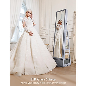 Nicetree 360° Swivel Jewelry Cabinet with Lights, Touch Screen Vanity Mirror, Rotatable Full Length Mirror with Jewelry Storage, Standing Jewelry Armoire Organizer, Foldable Makeup Shelf,Gray