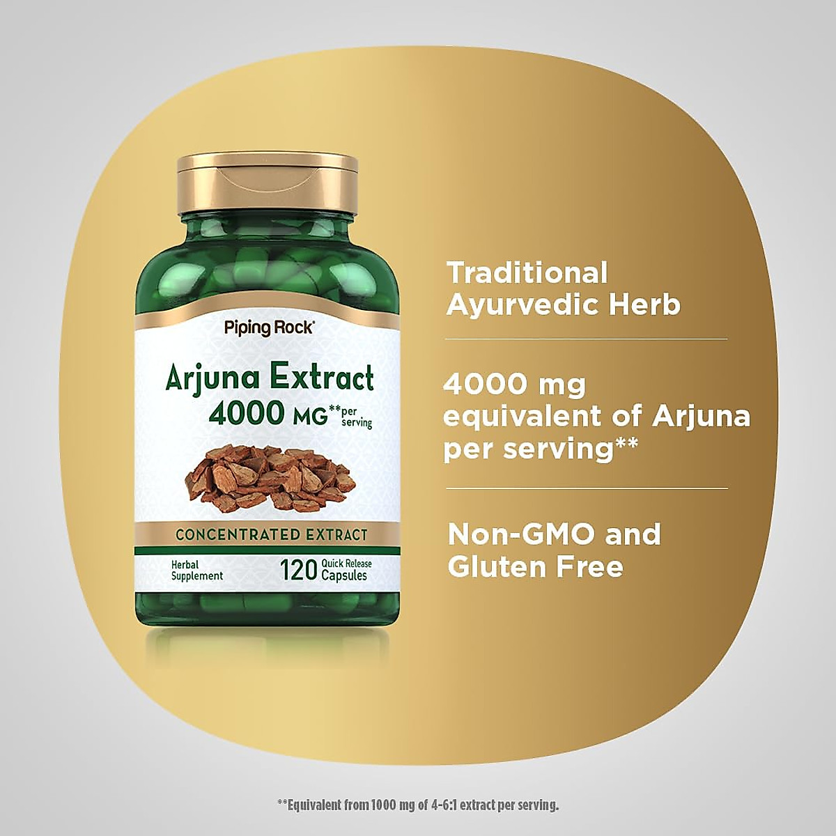 Piping Rock Arjuna Capsules | 4000 mg | 120 Count | from Arjuna Bark Herb Extract | Concentrated Extract | Herbal Supplement | Non-GMO, Gluten Free