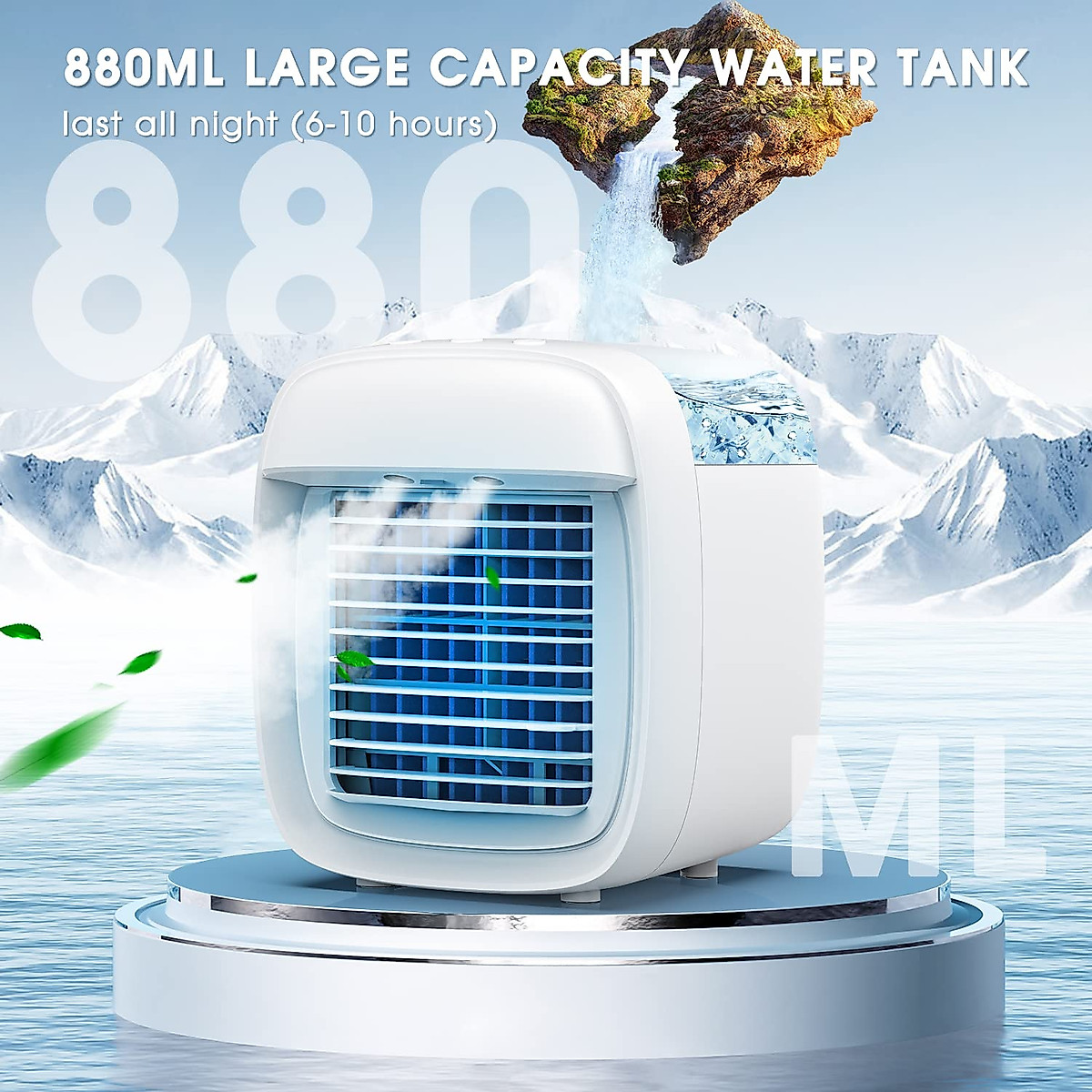 DOWILLDO Portable Air Conditioners, Mini Air Conditioner for Room with 880ML Water Tank, 3 Speeds Air Conditioner Fan with 7 Colors Night Light for Car, Kitchen, Home and Office