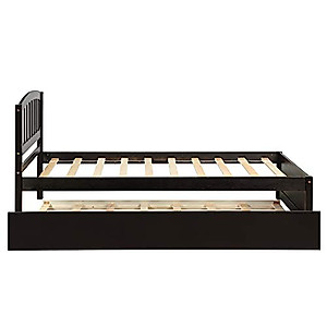 TARTOP Twin Size Platform Bed Wood Bed Frame with Trundle, Wood Bed Frame with Trundle and Slatted for Kids Teens Adults,No Box Spring Needed,Espresso