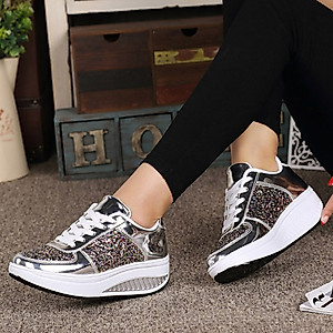 Womens Sports Walking Sneakers Platform Crystal Bling Sneakers Fashion Shoes Lace-Up Flat Heel Orthopedic Shoes Silver