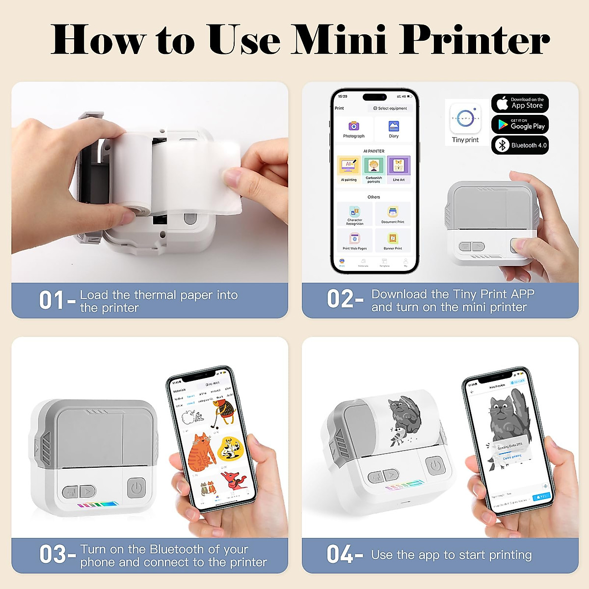 Thermal Mini Printer, X100 Inkless Sticker Maker with Thermal Papers & Sticker Papers, Bluetooth Portable Pocket Phone Printer for Notes, Receipts, Pictures, DIY, Journal, Compatible with iOS&Android