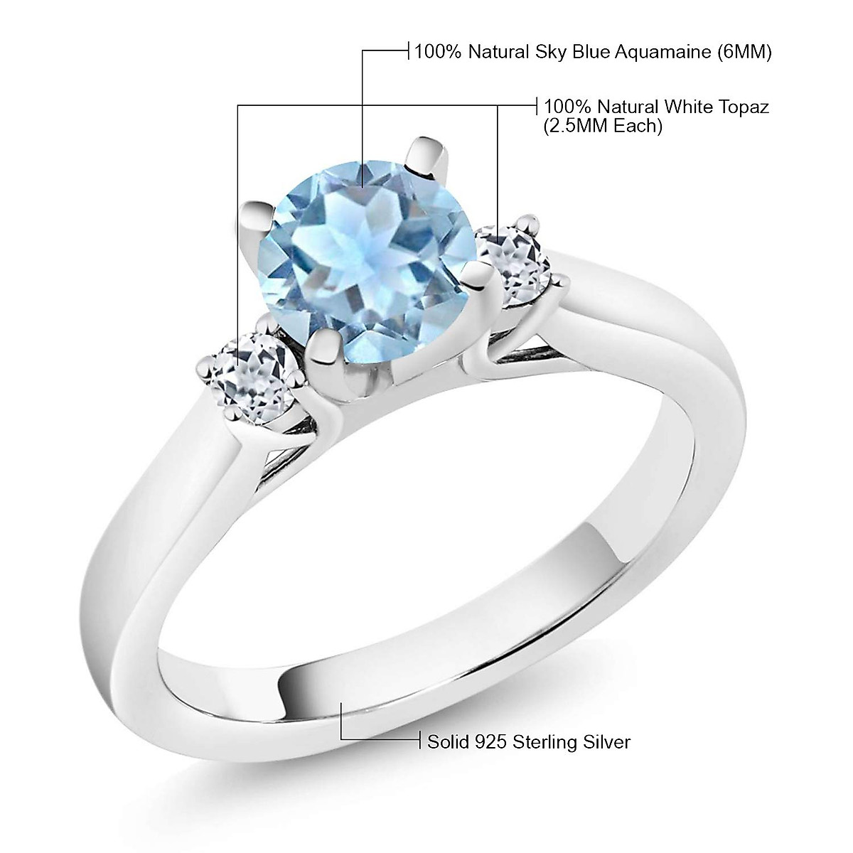 Gem Stone King 925 Sterling Silver Sky Blue Aquamarine and White Topaz 3-Stone Engagement Ring For Women (0.92 Cttw, Round 6MM, Gemstone March Birthstone, Size 7)