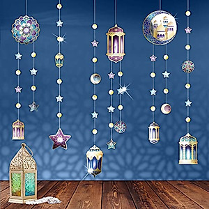 6 pcs Purple Blue Gold Ramadan Garland Kit with Lantern Crescent Moon Star for Ramadan Party Decoration Hanging EID Banner Streamer Decorations Islamic Birthday Bday Wedding Party Supplies