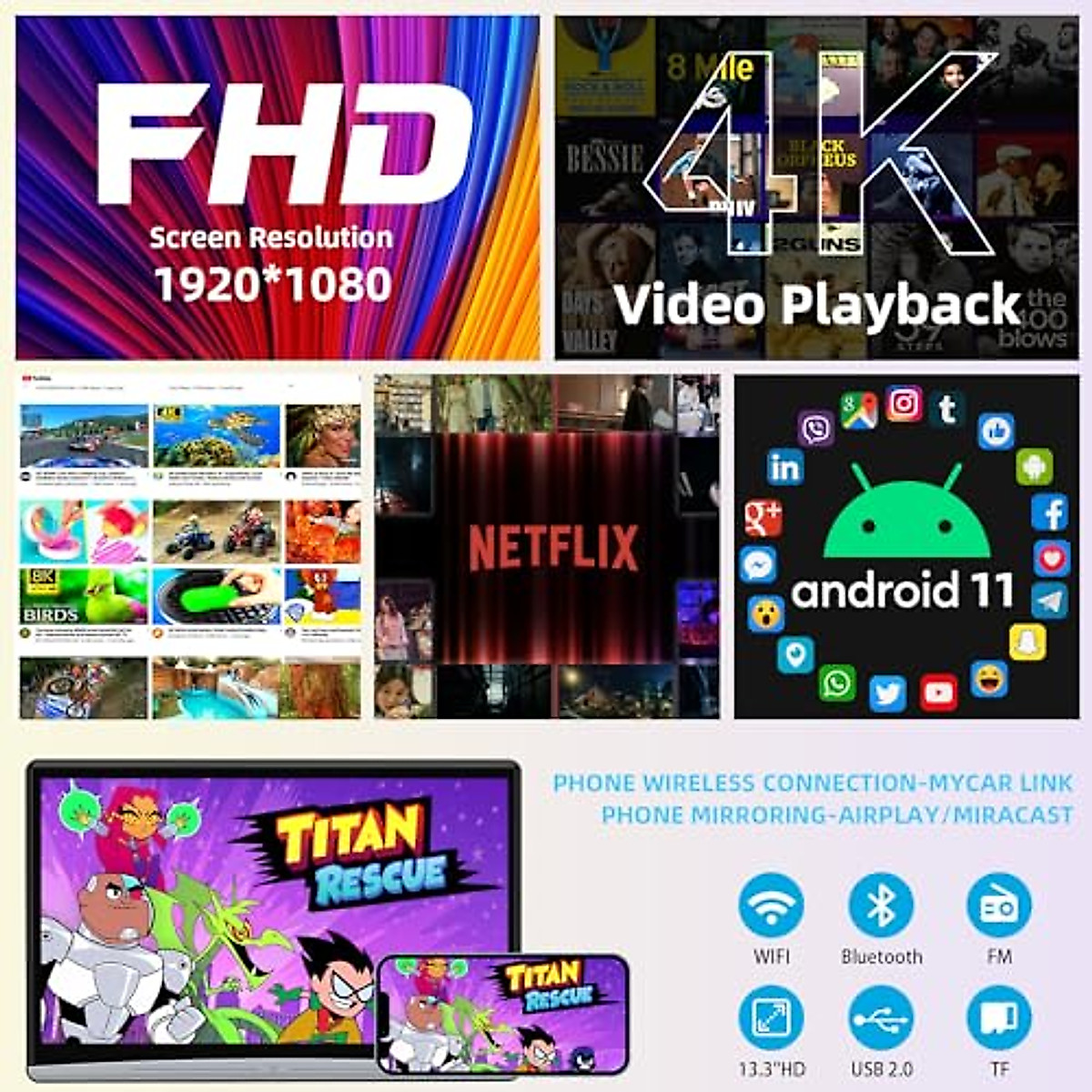 13.3" Upgrade Android 11 Car Headrest Video Players with 2.4G/5G Dual Brand WiFi, Dual Rear Seat TV Monitors Can Sync Screens, IPS Touch Screen 4K Tablets, HDMI Out/in Bluetooth FM USB-2G+32G