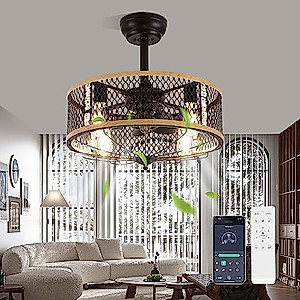 Ceiling Fans with Lights and Remote - Low Profile Ceiling Fan 20 inch - Powerful Bedroom Ceiling Fan with 7 Blades - Adjustable, Noiseless - Safe Indoor, Outdoor Caged Ceiling Fan with Light