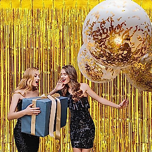 Thicken Gold Foil Fringe Curtains Decorations 3.2x8.2ft - 2 Pack, Photo Backdrop for Birthday Bachelorette Bridal Shower Baby Shower Graduation Party, Party Streams Decor