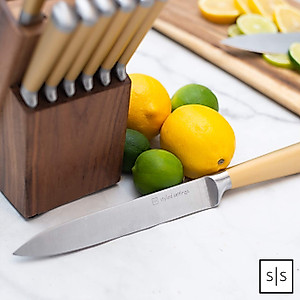 Gold Knife Set with Walnut Knife Block, 13-piece Kitchen Knives Stainless Steel Gold Knives Set, Full Tang, Knives Gold - Gold Kitchen Accessories