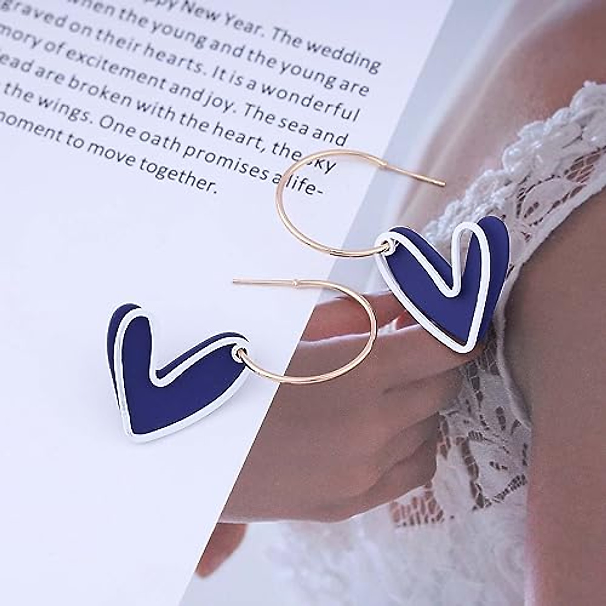 Sttiafay Vintage Blue Heart Earrings Enamel Heart Drop Earrings Acrylic Love Heart Earrings C Shape Hoop Earrings Gold Open Circle Earrings Jewelry for Women and Girls