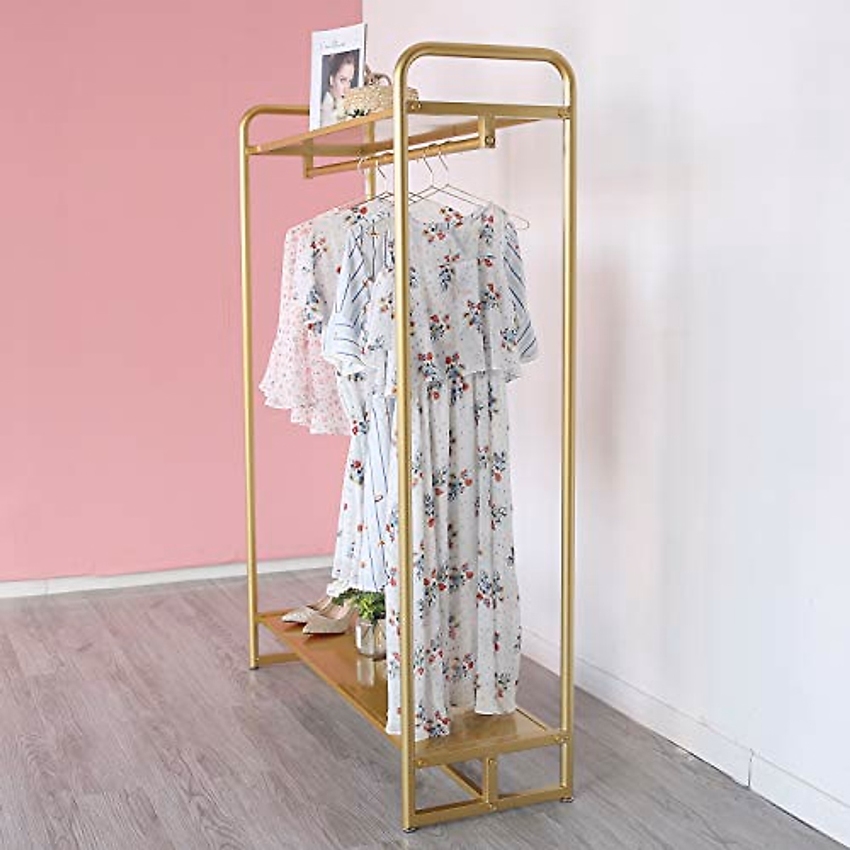 HOMEKAYT Gold Clothing Rack Modern Boutique Display Rack with 2-Tier Shelf Full Metal Garment Rack Multiple Uses Hanging Rack for Home and Retail (47.2’’L)