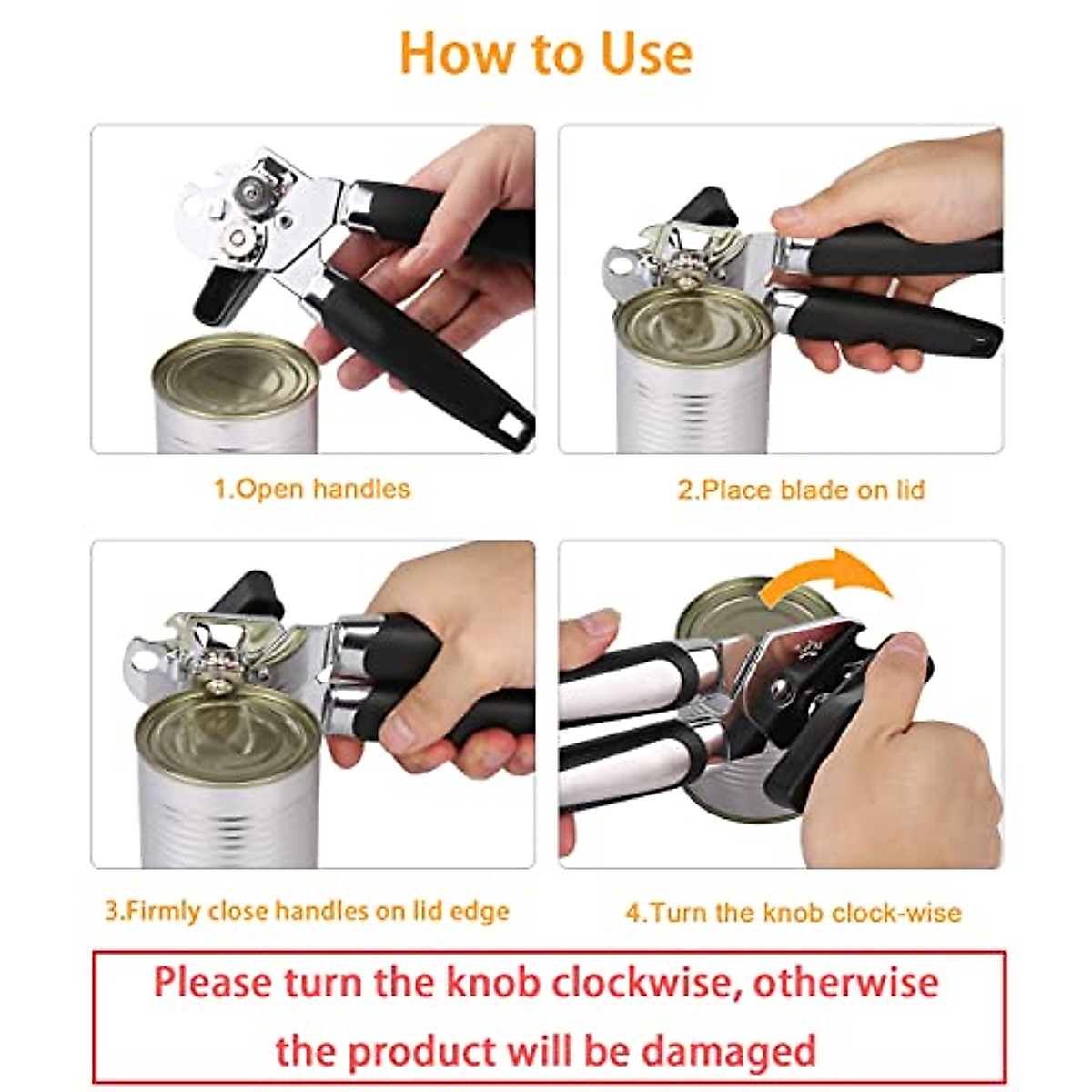 KzGrit Manual Can Opener, Food-Safe Stainless Steel, Smooth Edge, Tin Lids Jar Bottle Caps Openers with Non-Slip Handle and Ergonomic Turning Knob for Elderly with Arthritis(Black)
