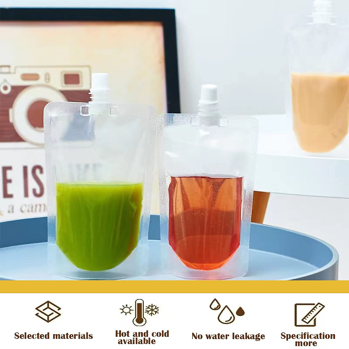 DOERDO 100 Pcs Drink Pouches Bags Juice Bags Flasks Clear Stand up Drink Container for Coffee Water Beer Juice Milk, 200ml/6.8oz