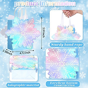 Kolldenn Christmas Iridescent Snowflake Gift Bags Holographic Frozen Goodie Bags Snowflake Party Favors Bags Winter Paper Bags with Handles for Xmas Winter Holiday Birthday(12 Pack)