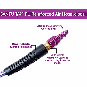 SANFU Polyurethane(PU) Air Hose 1/4-Inch x 100ft Reinforced, lightweight Anti-low temperature 300PSI with 1/4” Swivel Industrial Aluminum Quick Coupler and Plug, Bend Restrictor,Purple(100’)