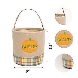 MT WORLD Personalized Halloween Pumpkin Pail Canvas Candy Bucket Large Reusable Trick or Treat Tote Bags for Kids Halloween Cookies Gifts (Green Pumpkin)