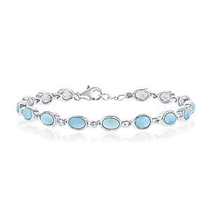 Sterling Silver High Polish Bezel-Set Oval Natural Larimar Link Bracelet