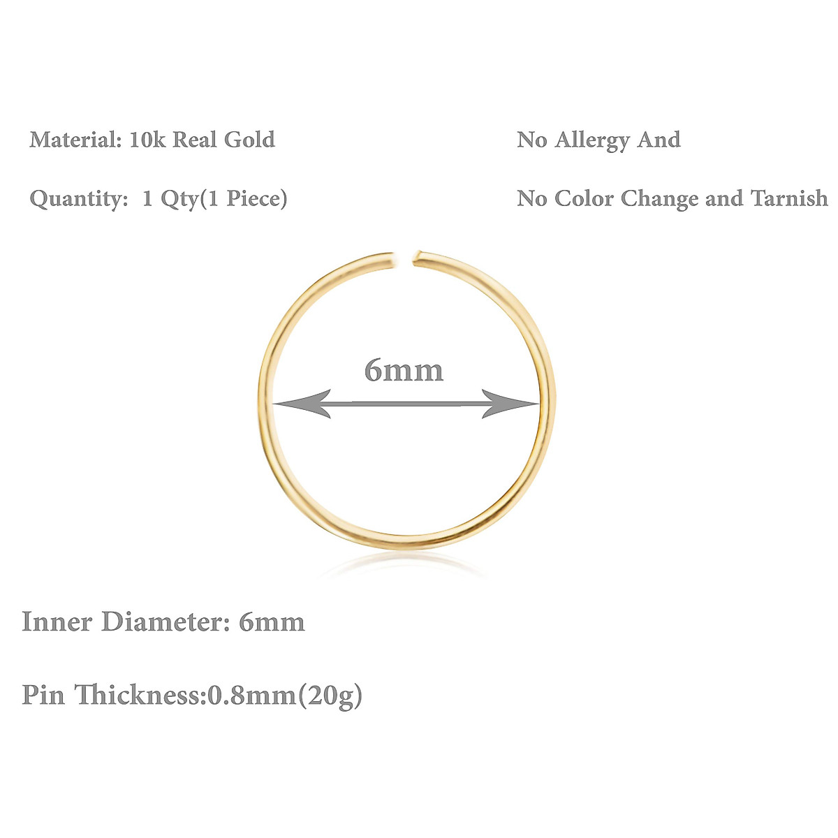 ONDAISY 10K Solid Gold Open Tragus Cartilage Snug Daith Helix Inner Outer Conch 6mm Round Large Big Tiny Small Thin Mini Face Nose Septum Hoop Ring Ear Piercing Earring For Women Girls Men