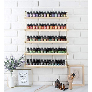 J JACKCUBE DESIGN Wall Mount Essential Oils Display Shelf with 5 Tier for 70 Bottles Holder Gold Frame and Wood Rack Organizer - MK482B