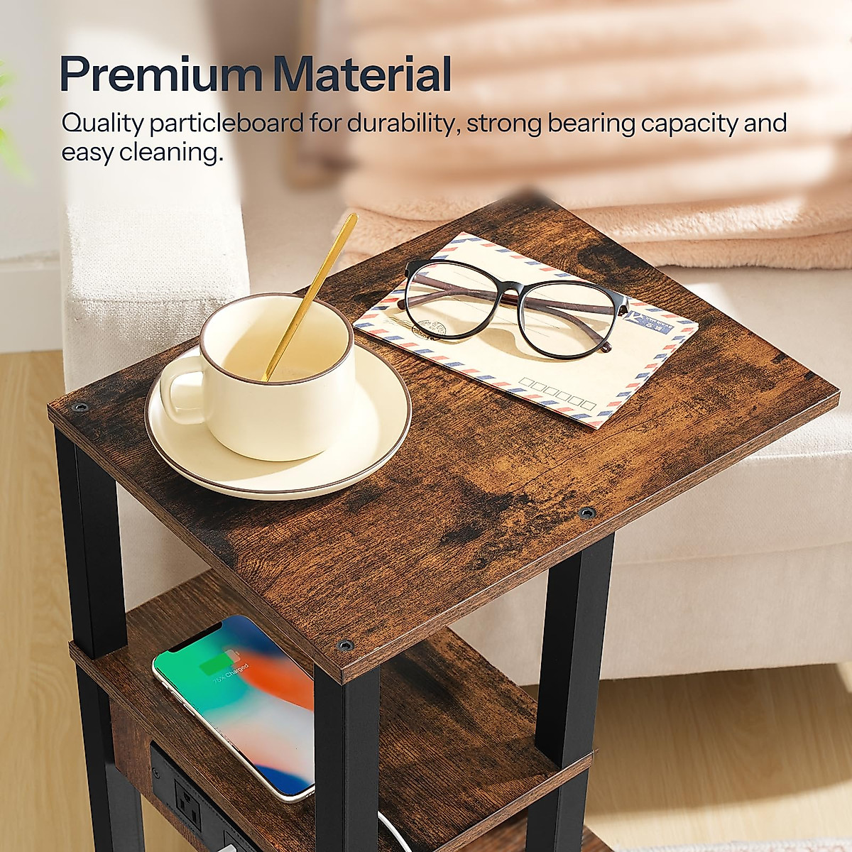 HOOBRO C Shaped End Table Set of 2 with Charging Station, Side Table with 2 USB Ports and Outlets, TV Tray Table, Couch Table for Small Spaces, Living Room, Bedroom, Rustic Brown and Black BF62USFP201