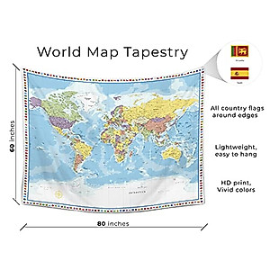 Large World Map Tapestry Wall Hanging Tapestry World Map For Kids Educational Tapestry With Country Flags World Map for Classroom Decor Kids Room Home Traveling Geography Students 60x80 In