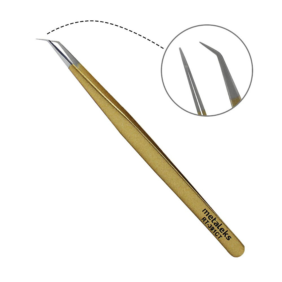 Tweezers for Eyelash Extension - Long 45° Angular Tip Tweezers - Hand Crafted Surgical Stainless Steel Precision Tweezers (Metallic Gold Powder Coated)