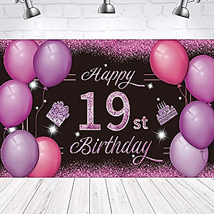 Happy 19st Birthday Backdrop Banner Pink Purple 19th Sign Poster 19 Birthday Party Supplies for Anniversary Photo Booth Photography Background Birthday Party Decorations, 72.8 x 43.3 Inch